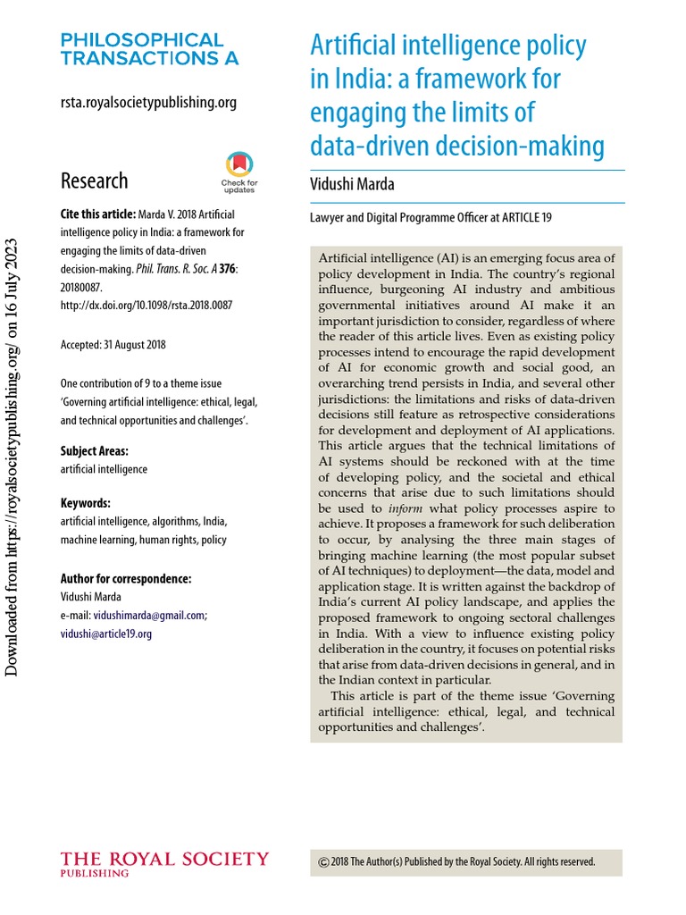 Artificial Intelligence Policy in India - A Framework For Engaging The ...