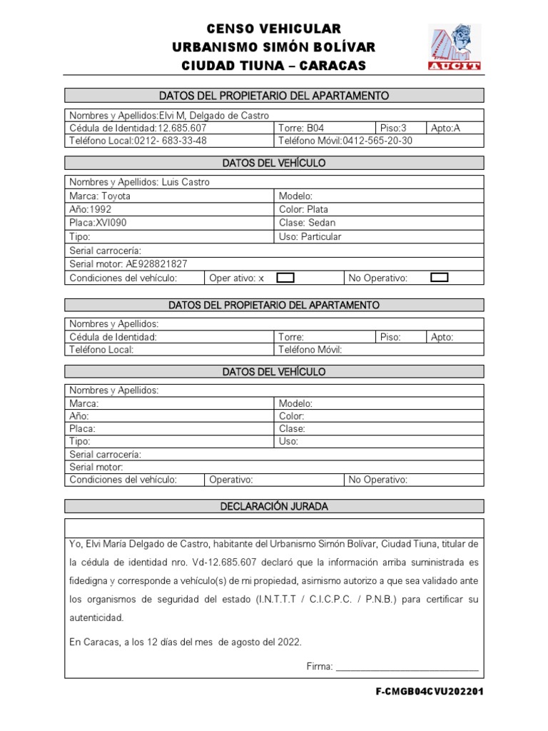 Modelo Censo Vehicular AUTORIDAD UNICA - CMG B04 | PDF | Derecho