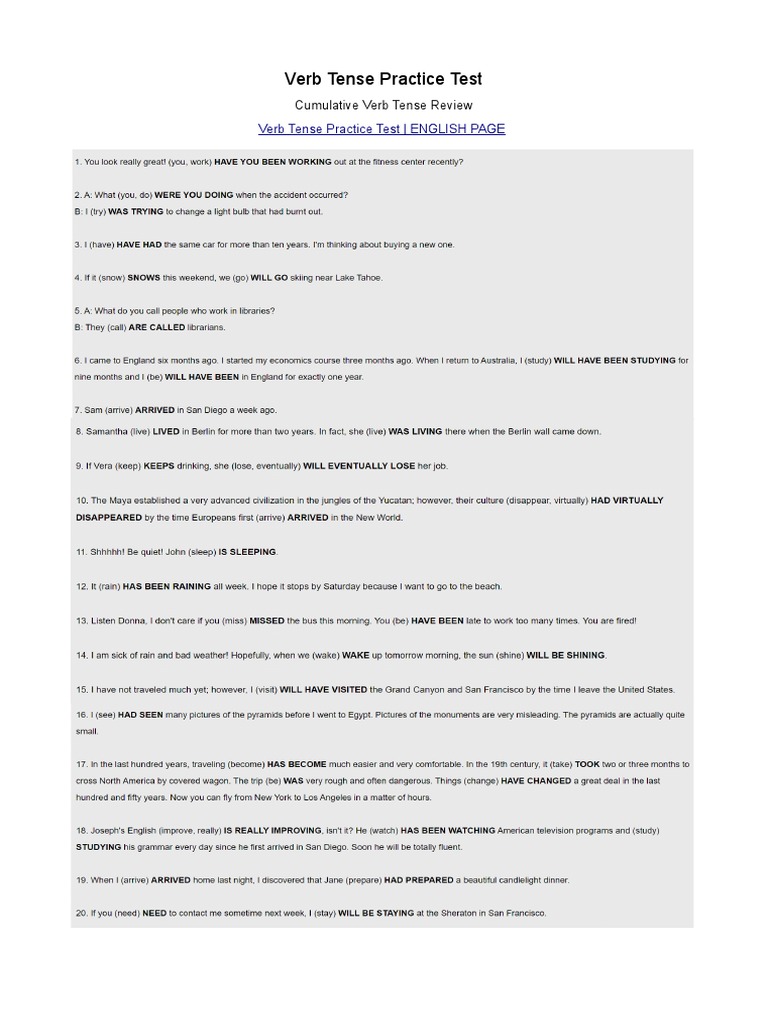 Answer Key Ex1-2 Verb Tenses | PDF