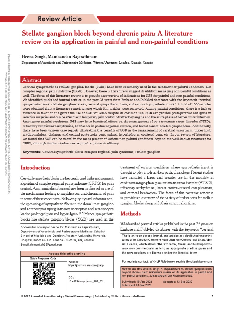 Stellate Ganglion Block Beyond Chronic Pain A.99725 | PDF | Pain ...