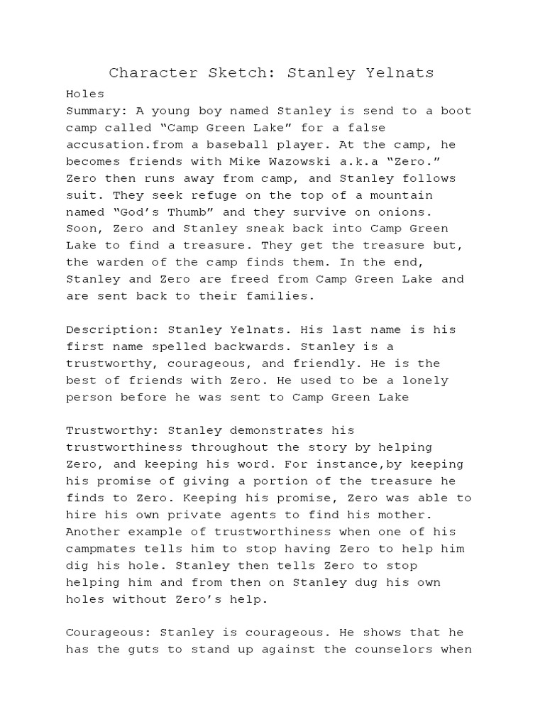 Character Sketch - Stanley Yelnats | PDF