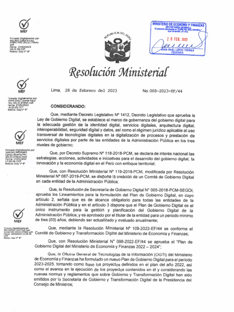 RM 088-2023 - EF-44 Plan de Gobierno Digital Del MEF 2023-2025 | PDF