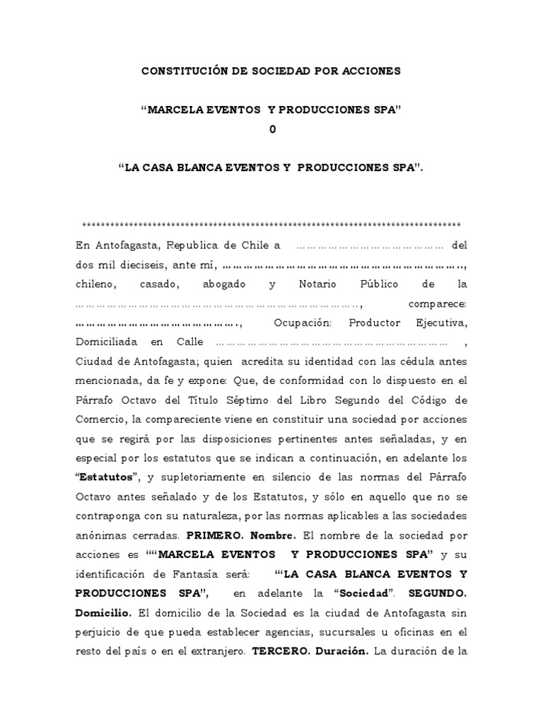 Constitución de Sociedad Por Acciones Marcela | PDF | Bancos | Dividendo