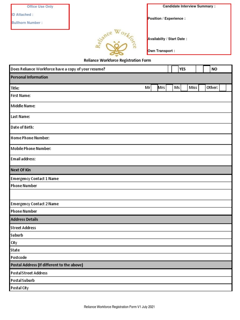 Workforce Registration Form | PDF | Travel Visa | Labor