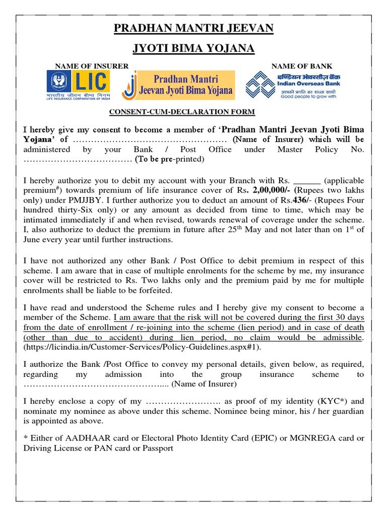 Revised PMJJBY Enrolment Form - 30.5.2022-1 | PDF | Insurance ...