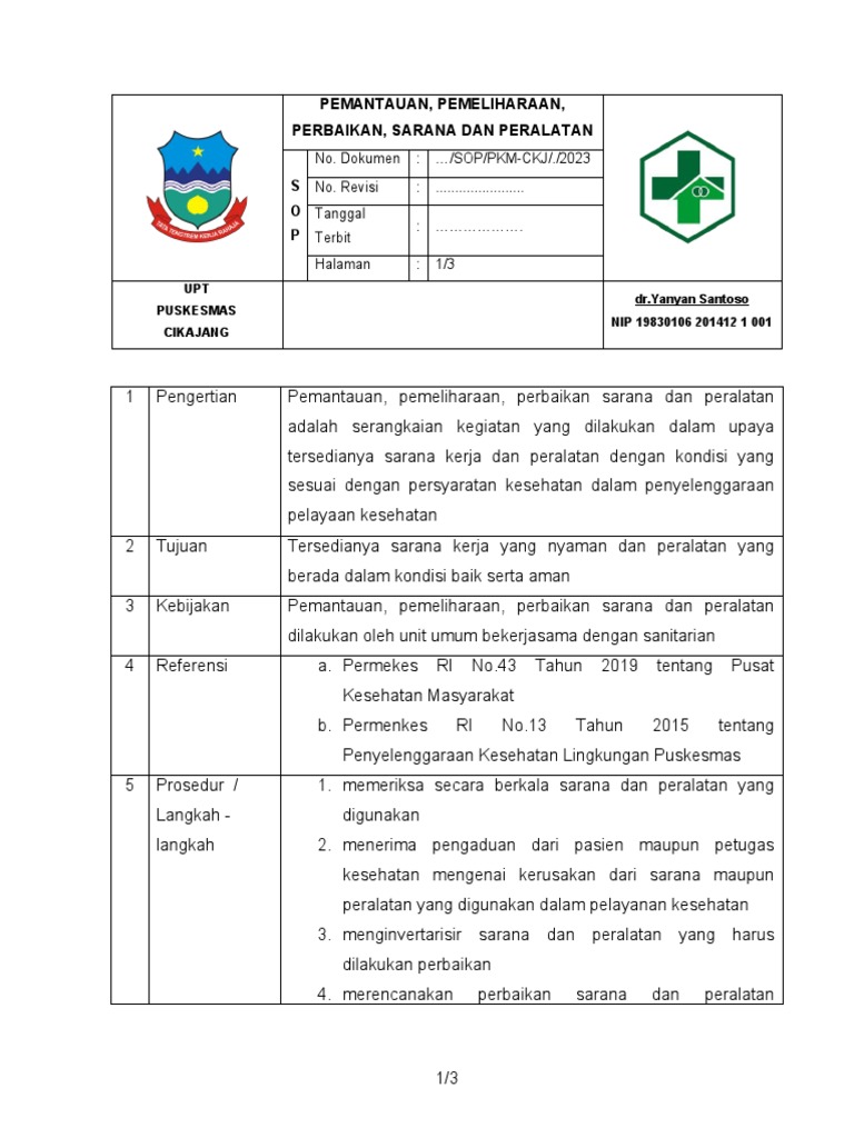 Sop Pemantauan, Pemeliharaan, Perbaikan, Sarana Dan Peralatan | PDF