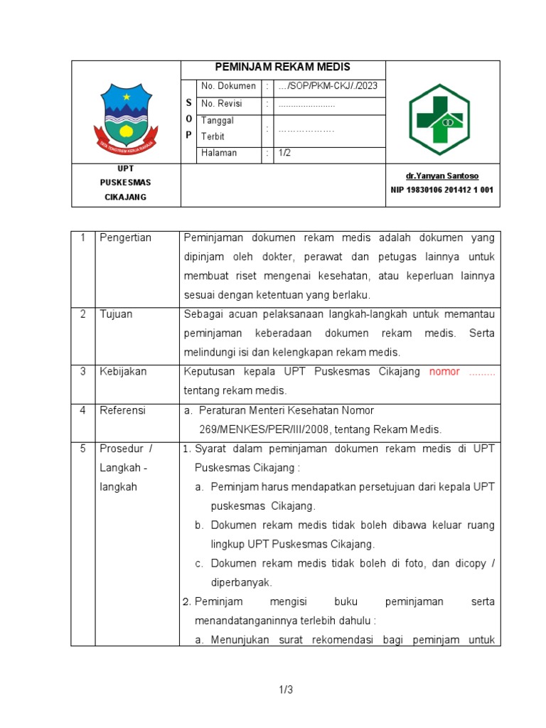 Sop Peminjaman Rekam Medis | PDF