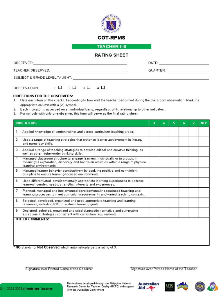 COT-RPMS Rating Sheet 2022-2023 | PDF | Learning | Teachers