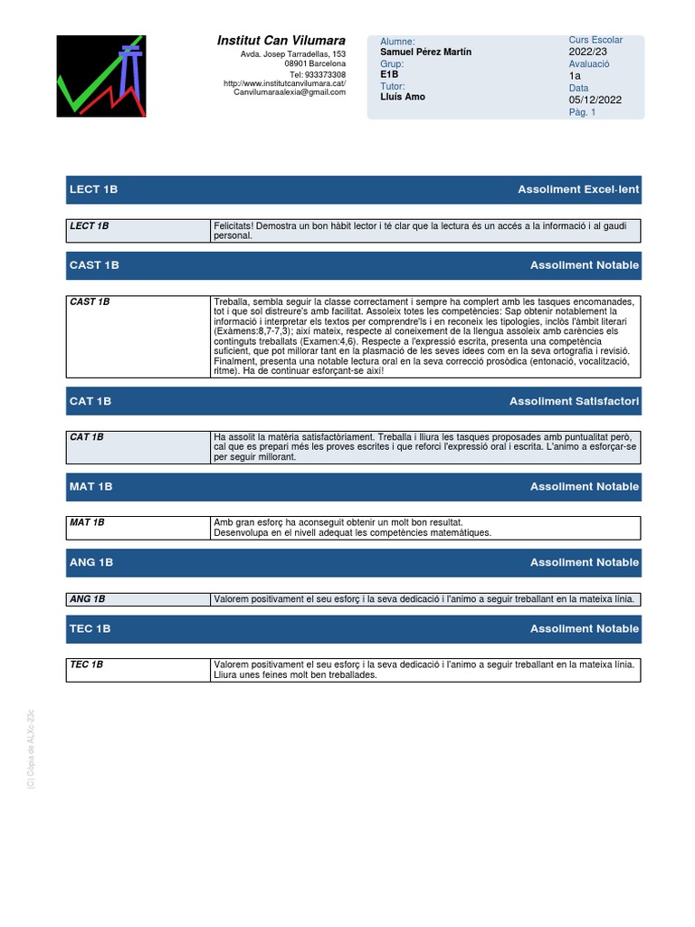 Lect 1B Assoliment Excel Lent: Institut Can Vilumara | PDF