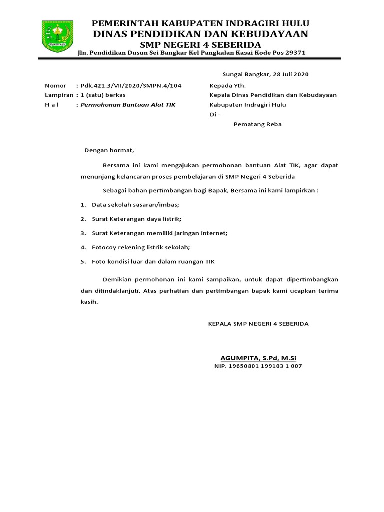 Permohonan Bantuan Alat TIK SMPN 4 Seberida | PDF | Kesehatan Holistik