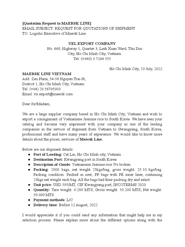 Shipment Quotation Requests for Rice Export | PDF | Vietnam | Ho Chi ...