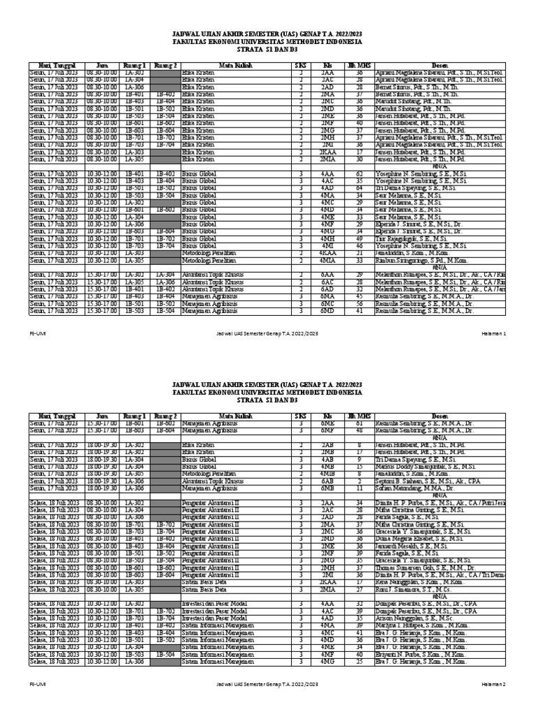 Jadwal UAS FE UMI Semester Genap TA 2022-2023 | PDF