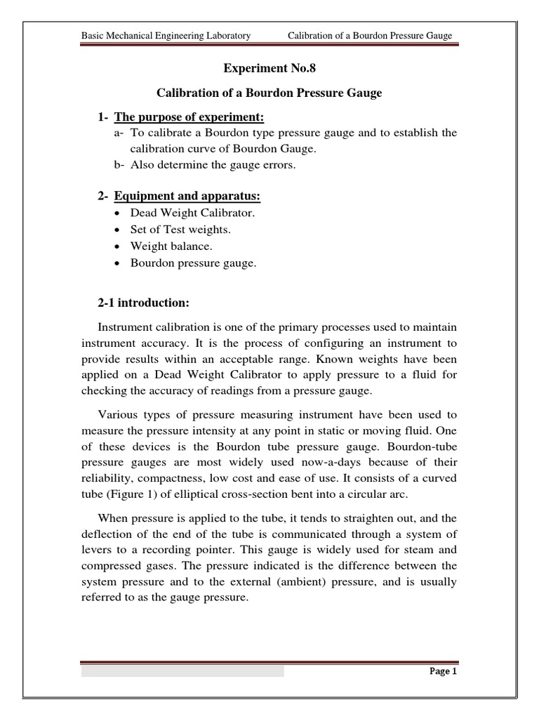 Calibration of A Bourdon Pressure Gauge | PDF | Pressure Measurement ...
