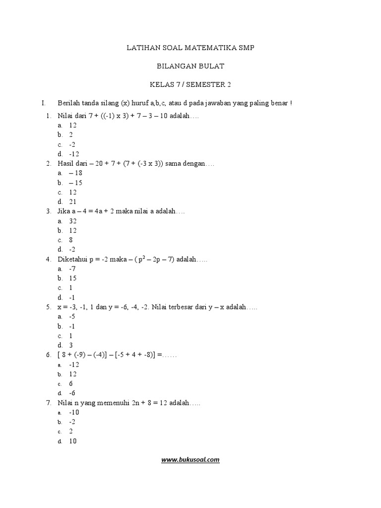1 Latihan Soal Matematika Bilangan Bulat | PDF