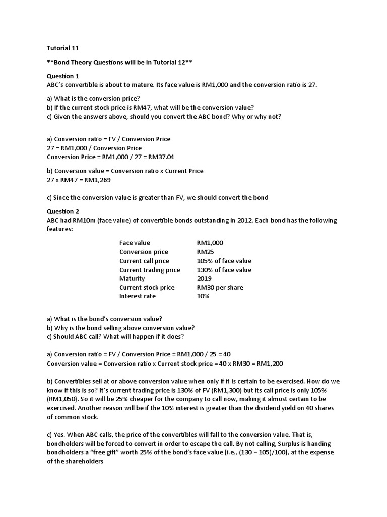 Tutorial 11 Answers | PDF | Bonds (Finance) | Convertible Bond