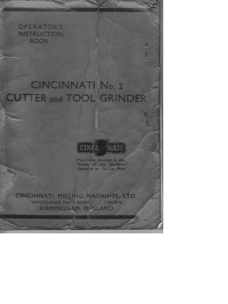 Cincinnati Number 2 Tool and Cutter Grinder Operators Manual Unlocked | PDF