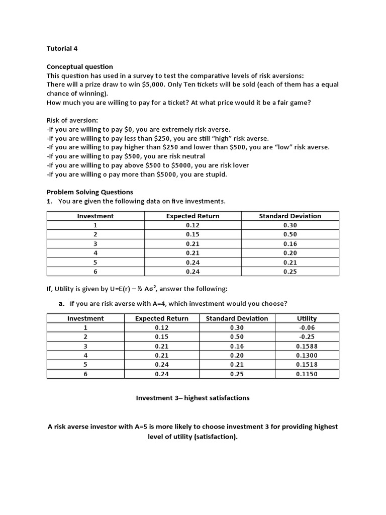 Tutorial 4 Questions | PDF | Investing | Risk Aversion