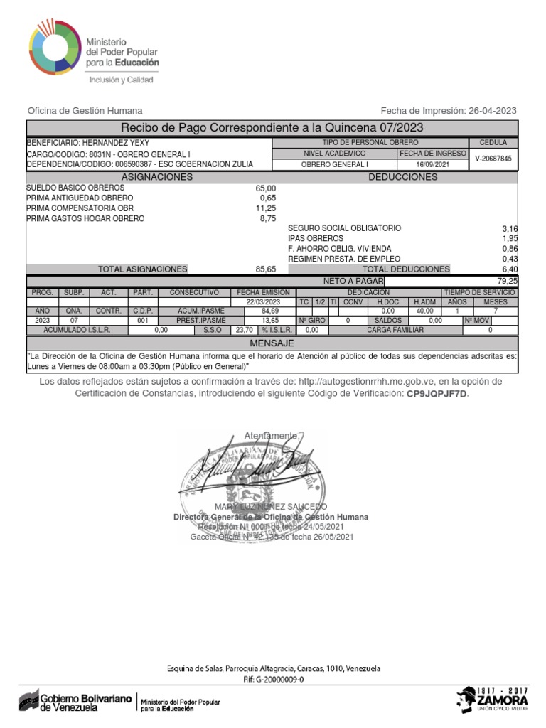 Recibo de Pago de Yexy Hernández | PDF