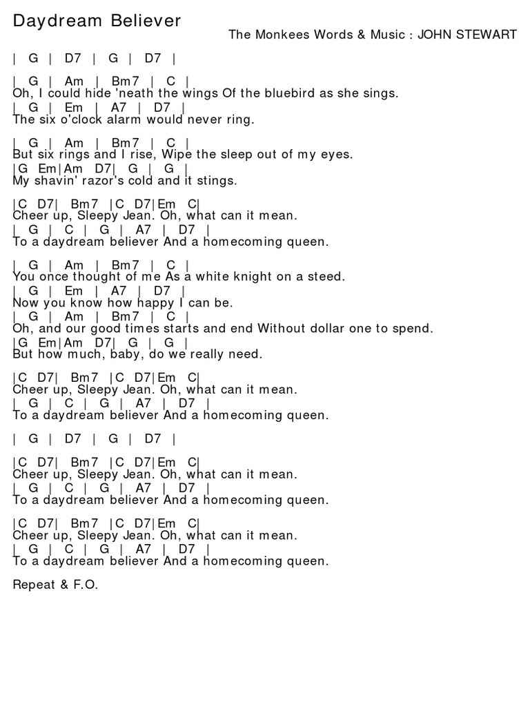 Daydream Believer Lyrics & Chords | PDF