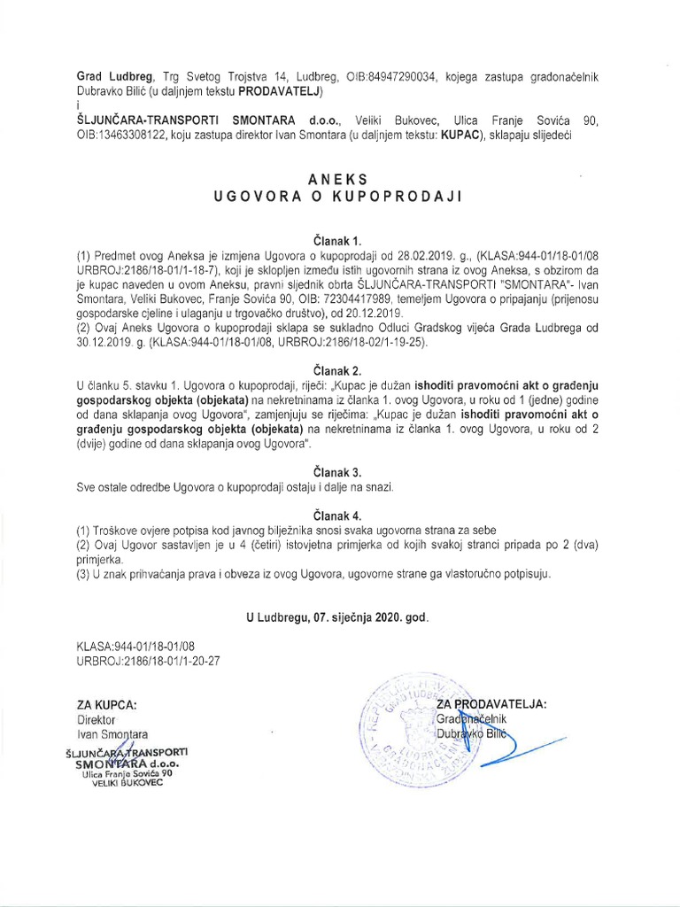 14 Aneks Ugovora o Prodaji Smontara 2020 | PDF
