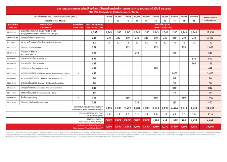 MG ZS Periodical Maintenance Table | PDF