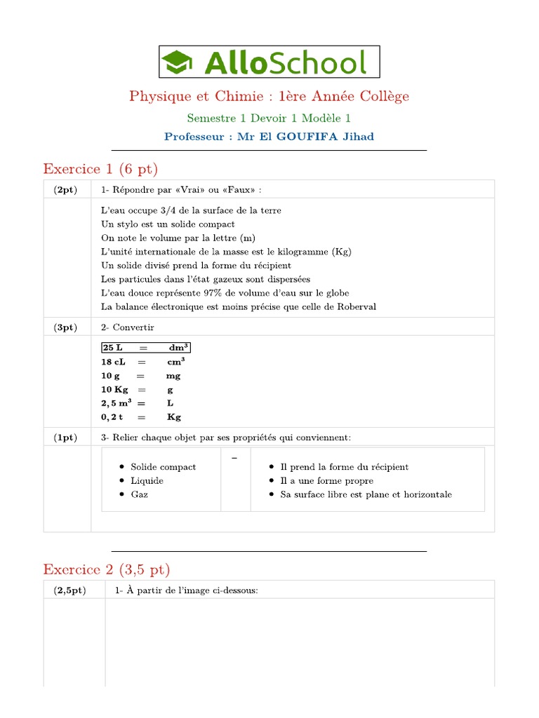 Semestre 1 Devoir 1 Modele 1 PC 1ac 2 | PDF