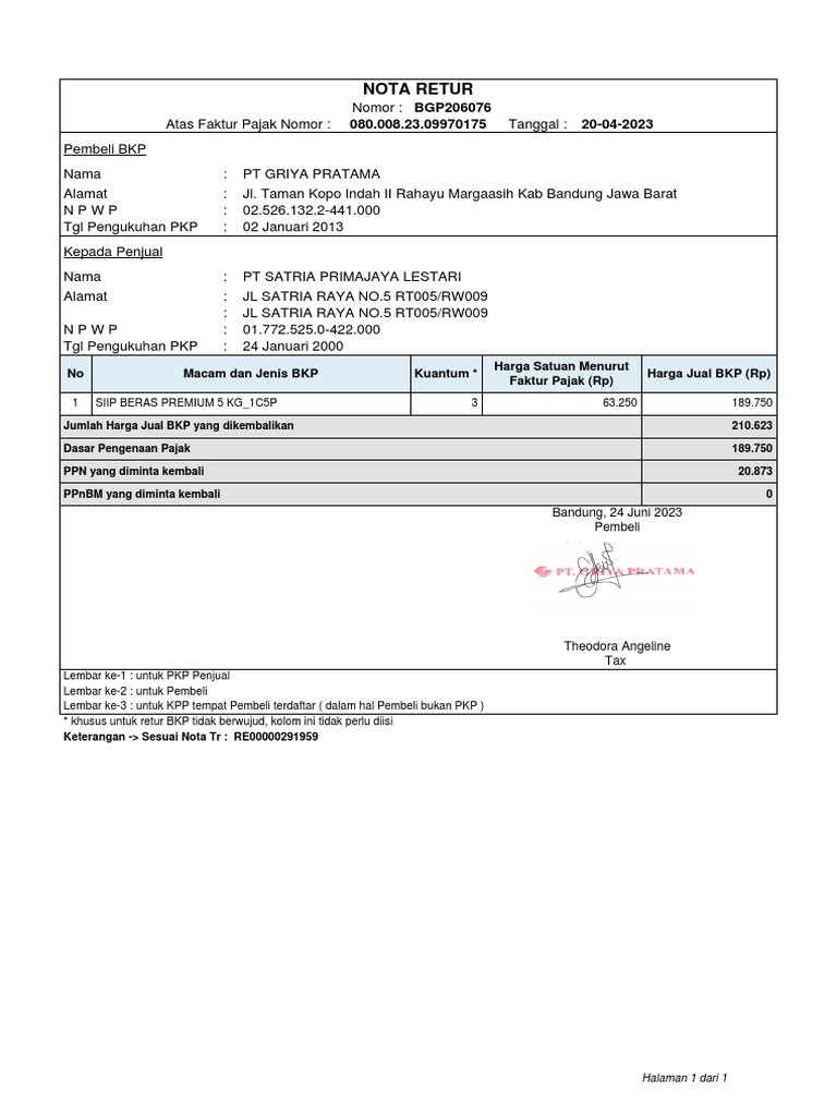 Nota Retur PT Griya Pratama 2023 | PDF