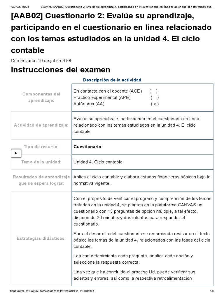 Examen - (AAB02) Cuestionario 2 - Evalúe Su Aprendizaje, Participando en El Cuestionario en ...