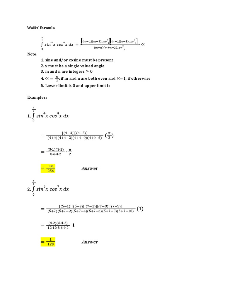 Calculus Wallis Formula, Example and Solution | PDF | Teaching Methods ...
