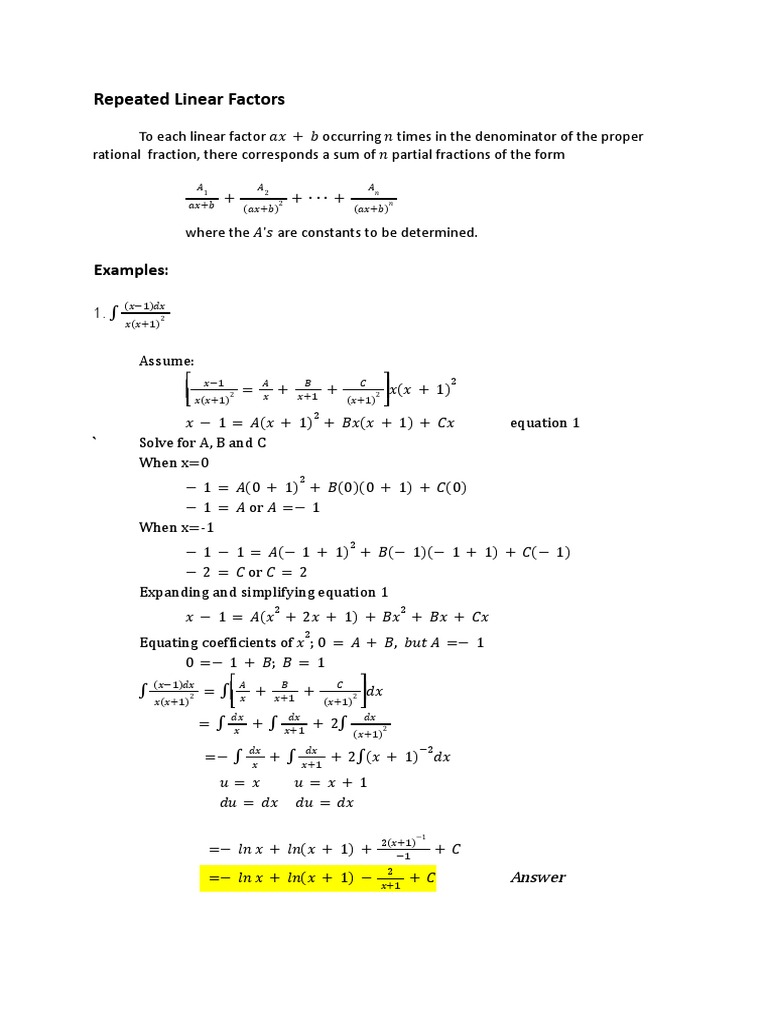 Calculus 2 Integration of Repeated Linear Factors Examples and Solution ...