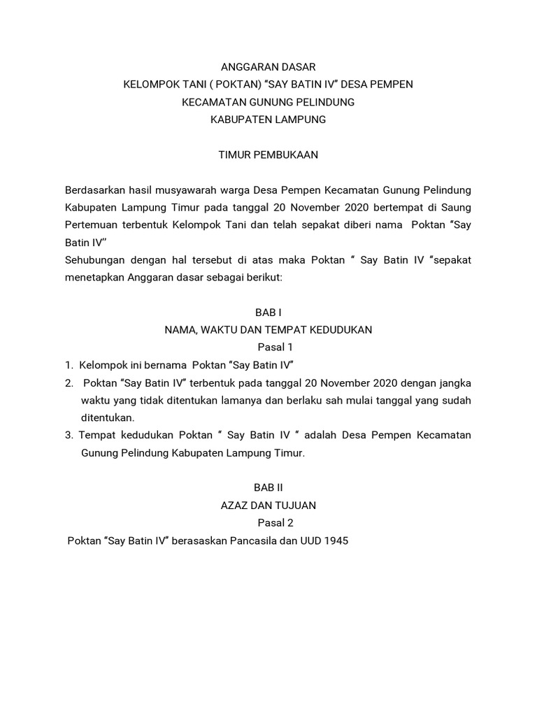 Anggaran Dasar Poktan Say Batin IV | PDF