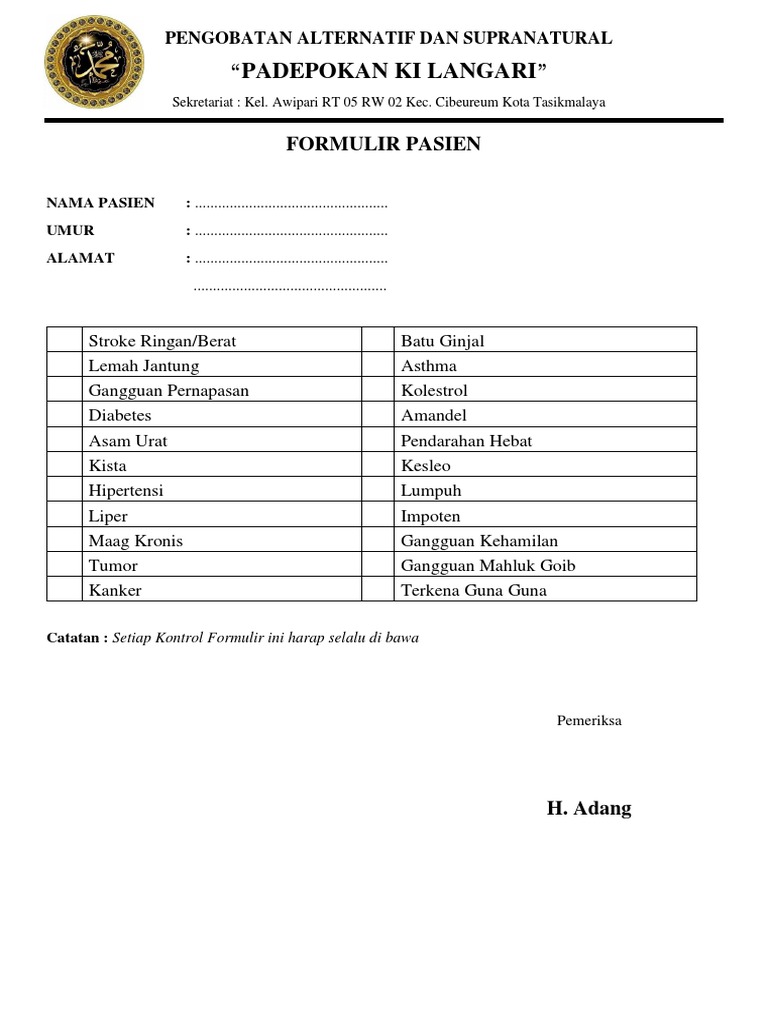 Formulir Pasien Padepokan Ki Langari.. | PDF