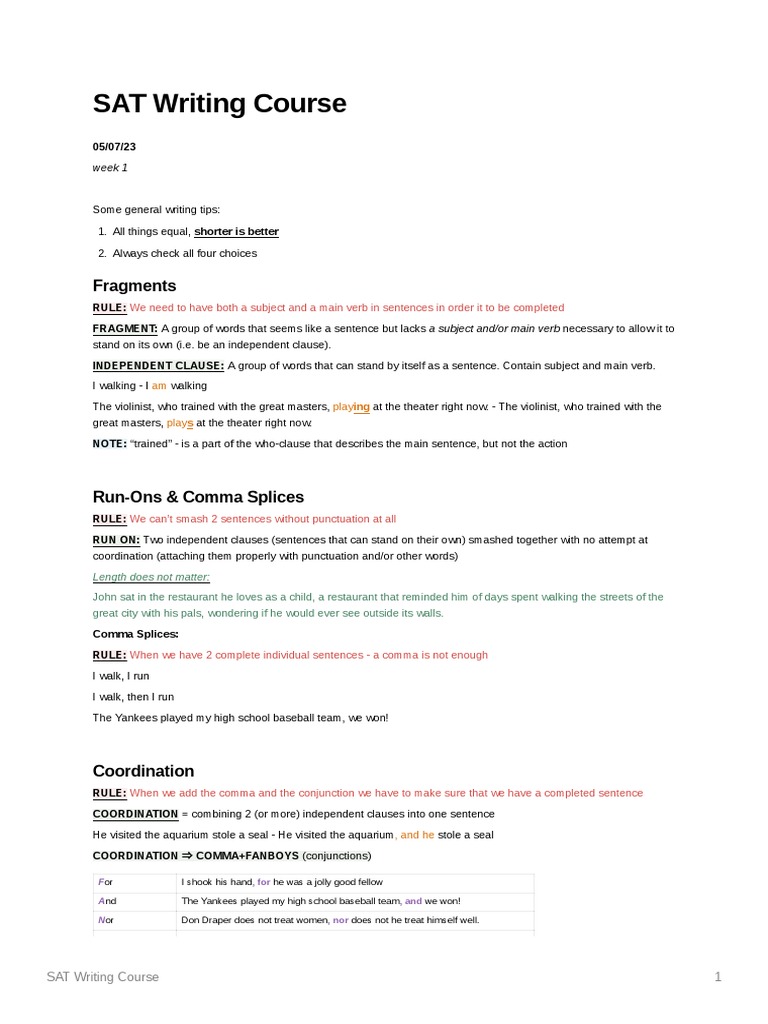 SAT Writing Course | PDF | Comma | Grammar