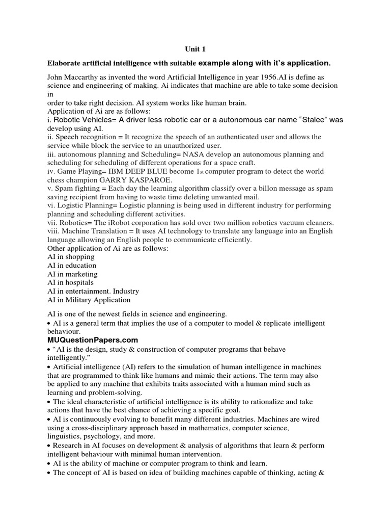Unit 1 Elaborate Artificial Intelligence With Suitable Example Along With It's Application | PDF ...