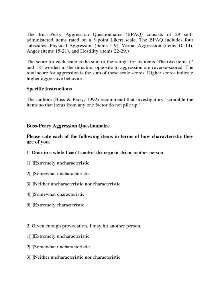 Buss Perry Aggression Questionnaire BPAQ 1687611770 | PDF | Problem ...