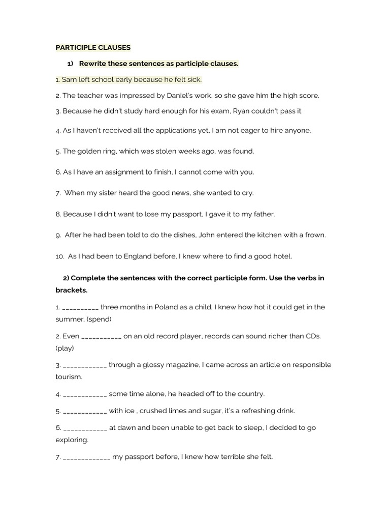 PARTICIPLE CLAUSES b2 | PDF