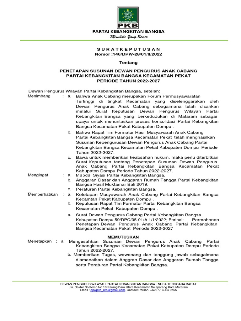 Susunan Pengurus PKB Pekat 2022-2027 | PDF