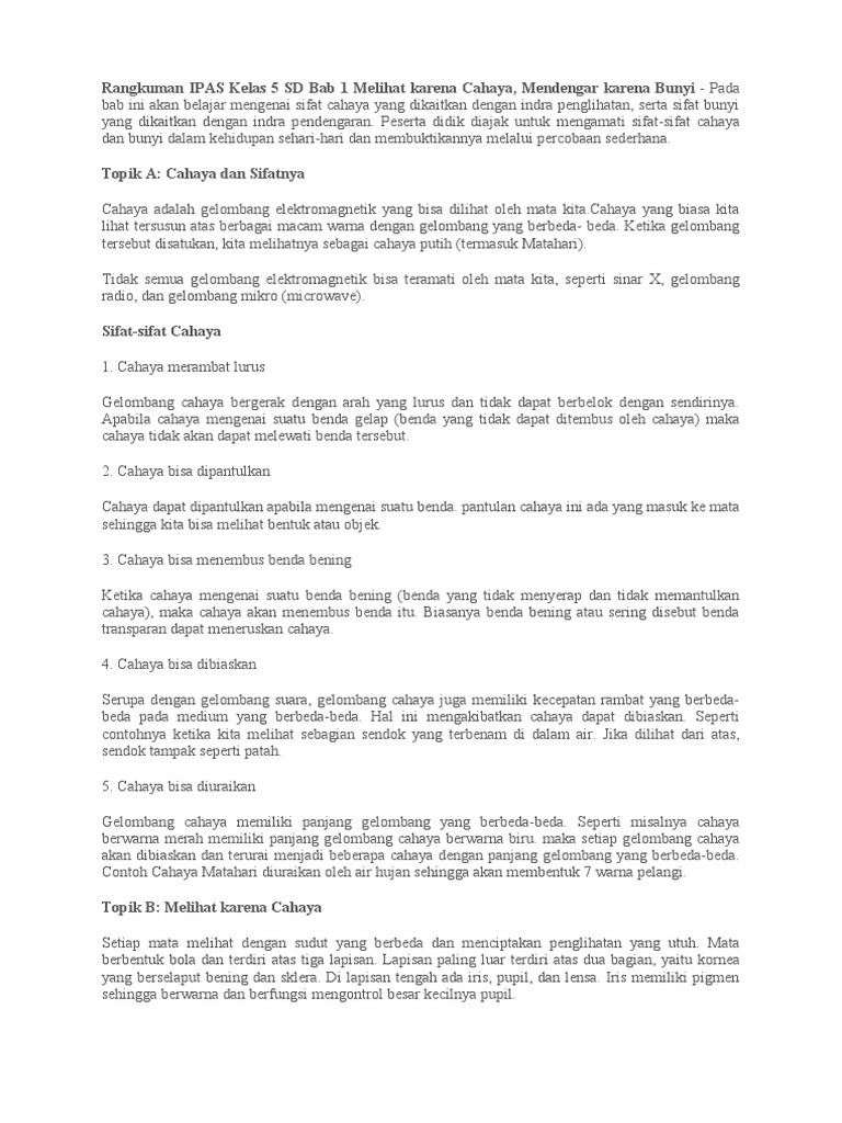 Rangkuman IPAS Kelas 5 SD Bab 1 Melihat Karena Cahaya | PDF | Kajian Bahasa Asing | Griya & Taman