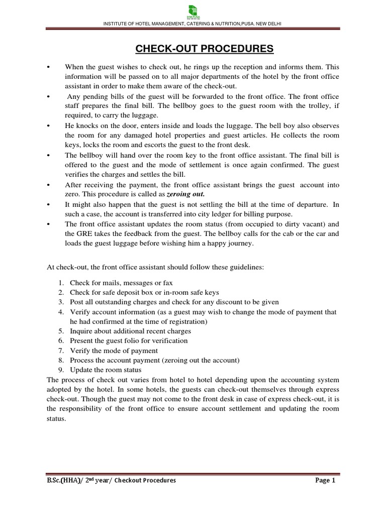 Check-Out Procedures: B.Sc. (HHA) / 2 Year/ Checkout Procedures | PDF ...