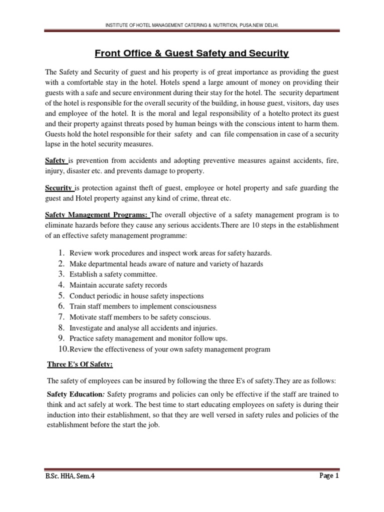 Front Office & Guest Safety and Security: B.Sc. HHA, Sem.4 | PDF ...
