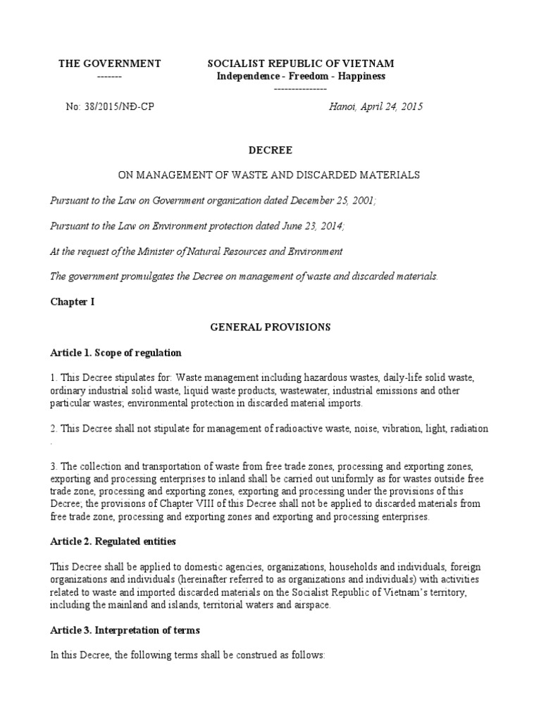 38 - 2015 - ND-CP On Management of Waste and Discarded Materials | PDF ...