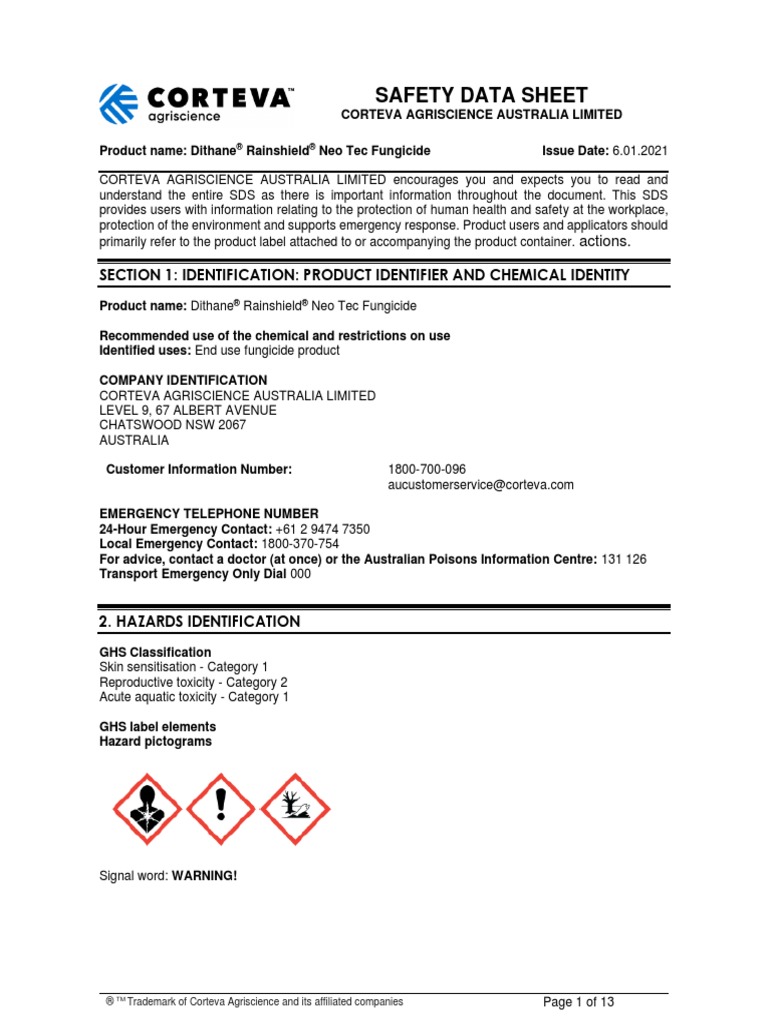 Dithane Rainshield Neo Tec SDS | PDF | Toxicity | Safety