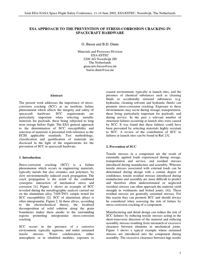 Paper Esa Approach To The Prevention Of Stress Corrosion Cracking In