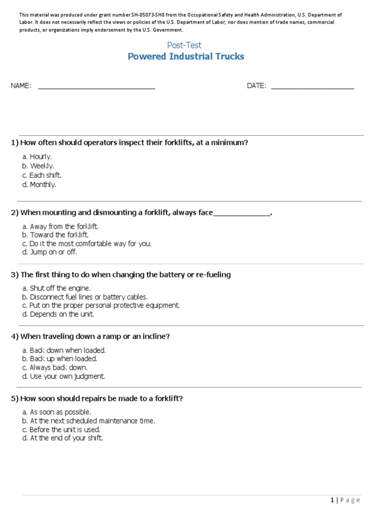 Powered Industrial Trucks - Post Test & Answer Key | PDF | Forklift | Truck