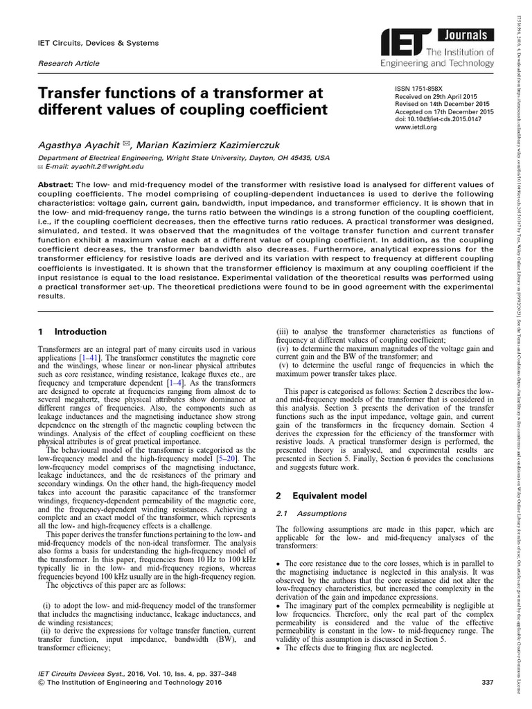 IET Circuits Devices Syst - 2016 - Ayachit - Transfer Functions of A Transformer at Different ...