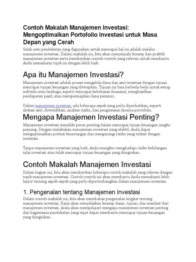Contoh Makalah Manajemen Investasi | PDF