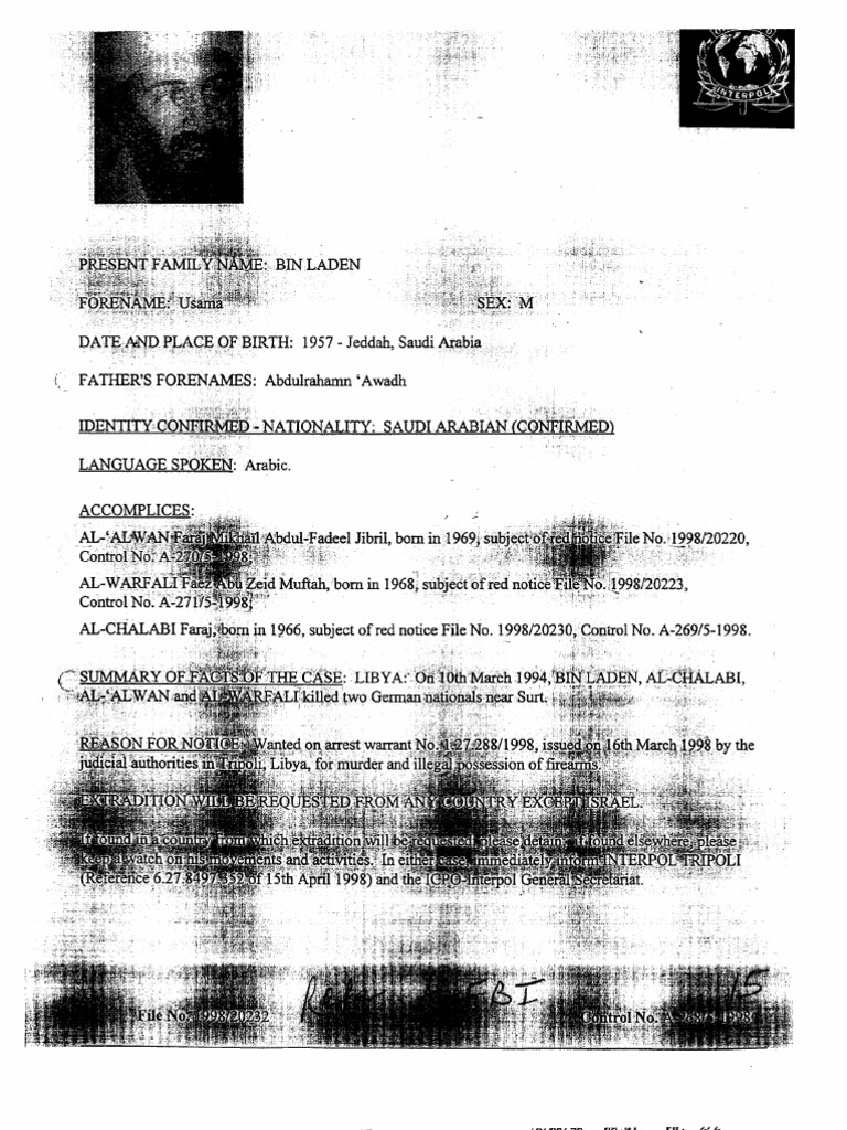 Dossier Interpol D'oussama Ben Laden (Alias Tim Osman À La CIA) | PDF
