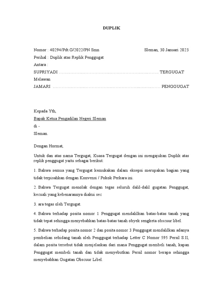 Contoh Surat Duplik | PDF