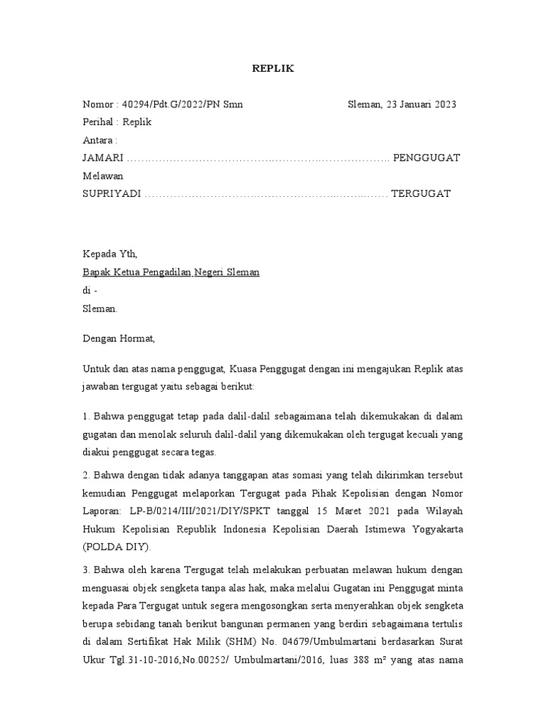 Contoh Surat Replik | PDF