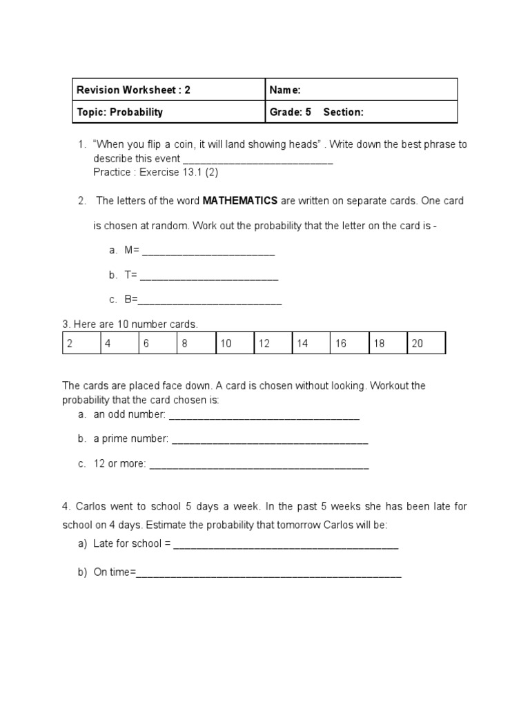 Grade 5 Probability Revision Worksheet | PDF | Teaching Methods & Materials
